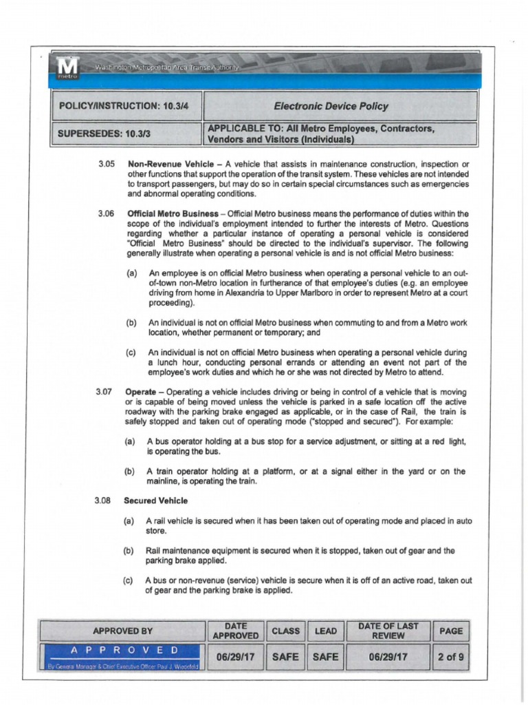 WMATA Electronic Device Policy | PDF | Rapid Transit | Emergency