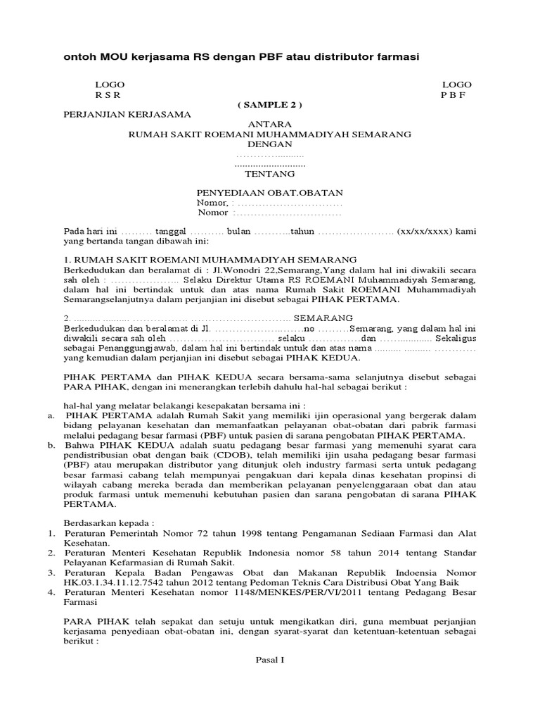 Contoh MOU Kerjasama RS Dengan PBF Atau Distributor Farmasi | PDF ...