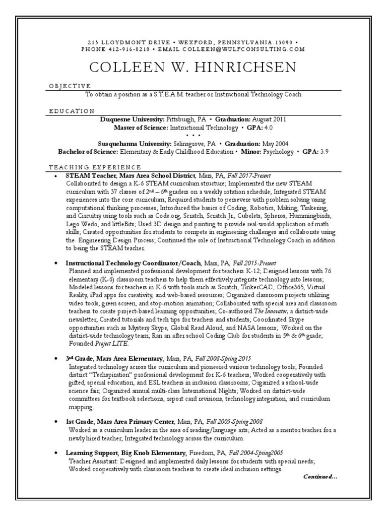 Resume Hinrichsen Colleen Updated 2018 | PDF | Educational Technology ...