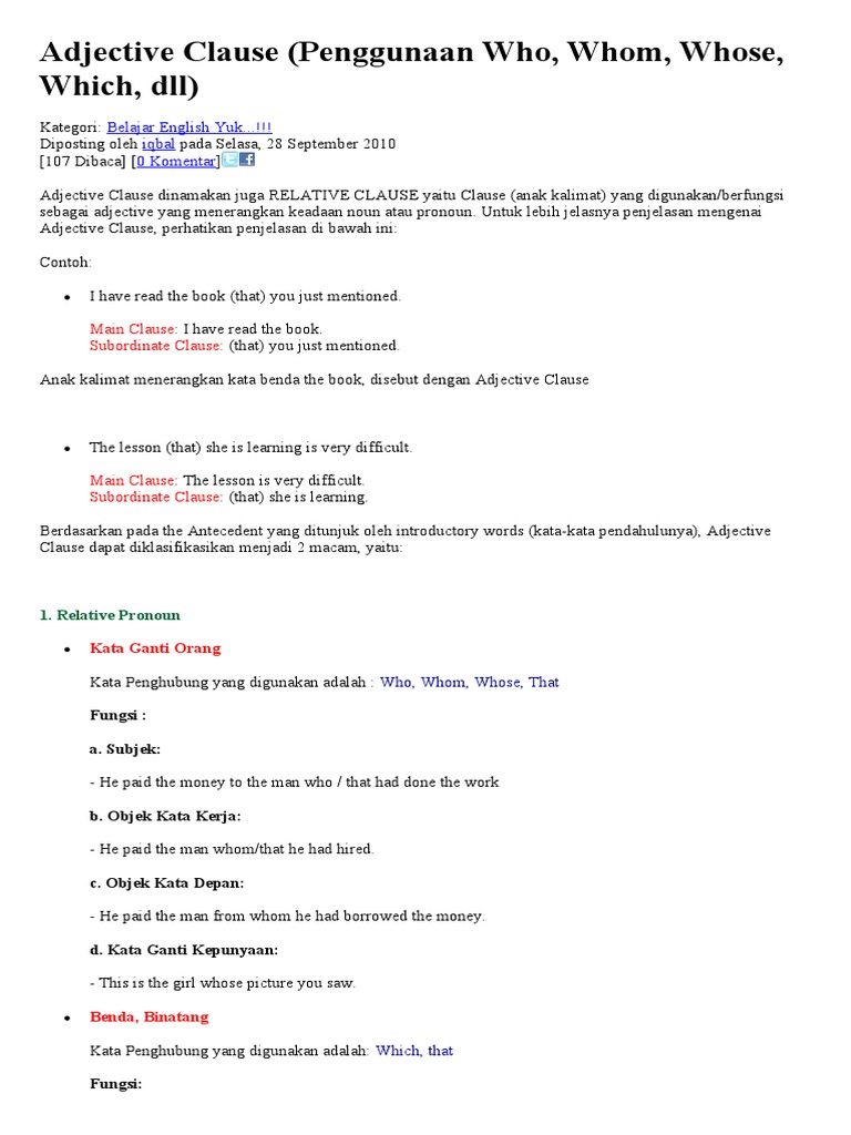 Adjective Clause (Penggunaan Who, Whom, Whose, Which, DLL) : Belajar ...