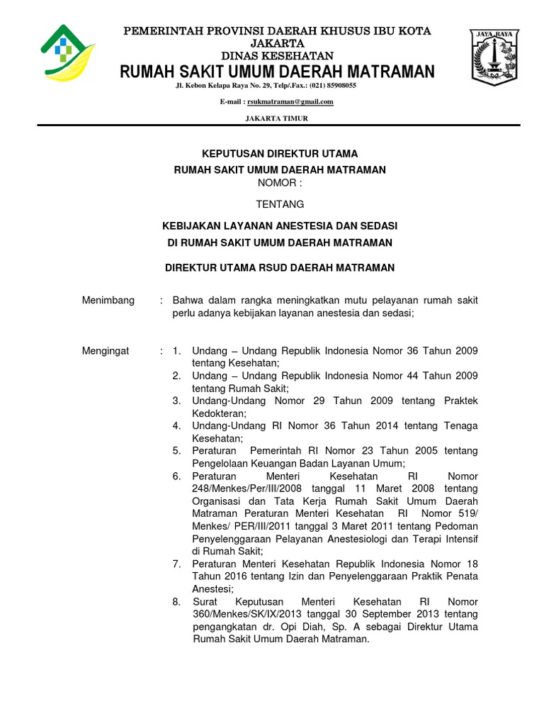 Kebijakan Anestesia RSUD Matraman | PDF | Pengembangan Diri