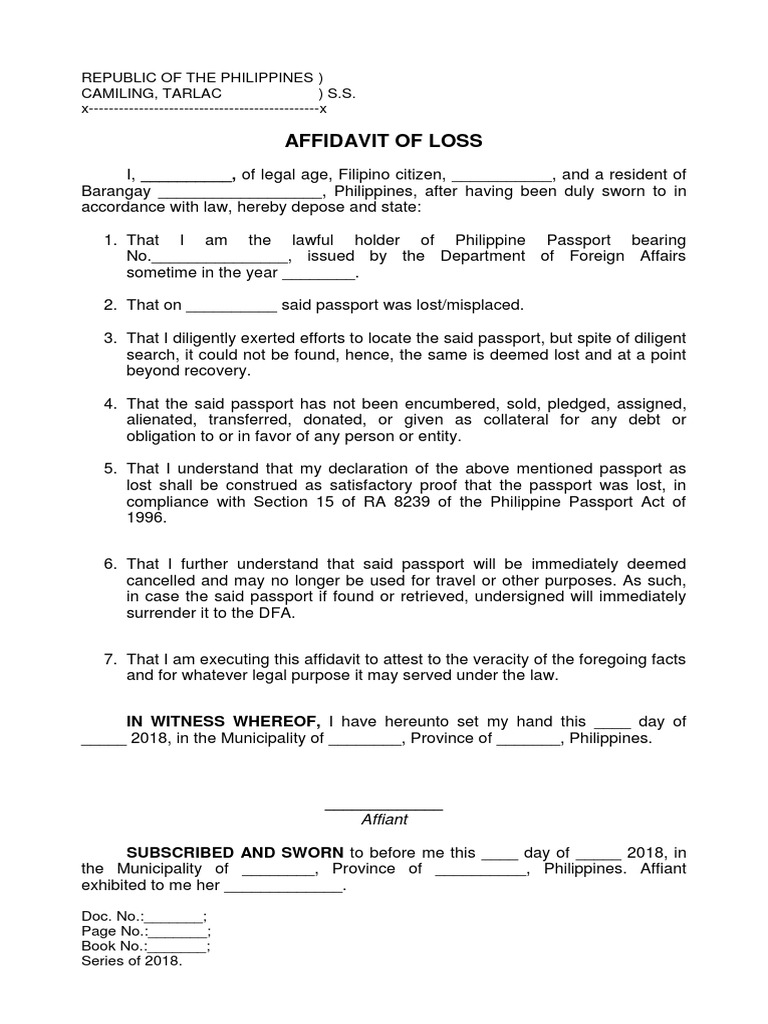 Affidavit of Loss Form - Passport