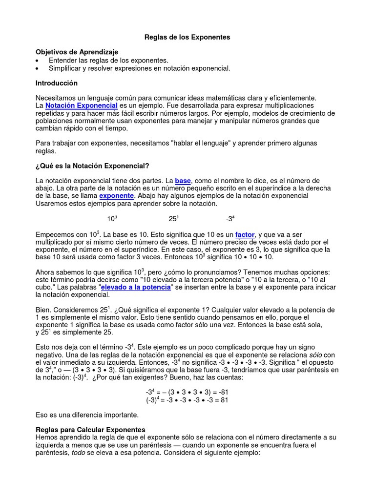 Reglas de Los Exponentes PDF | PDF | Exponenciación | Multiplicación