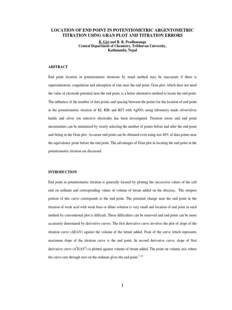 Location of End Point in Potentiometric Argentometric Titration Using ...