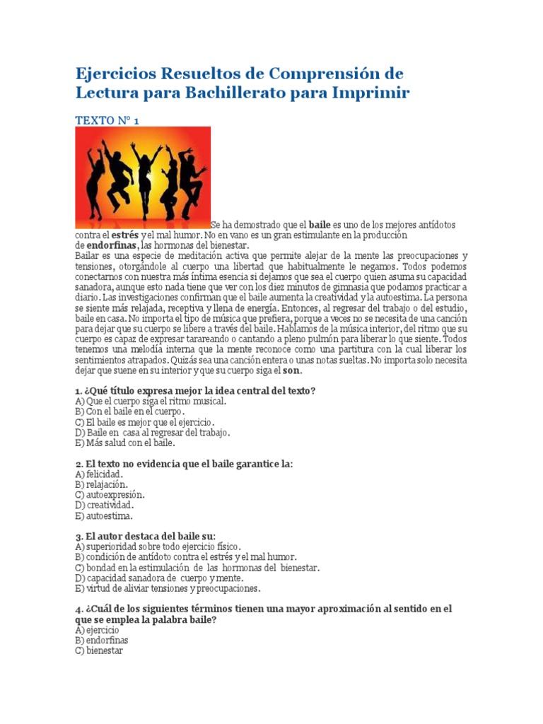Ejercicios Resueltos de Comprensión de Lectura para Bachillerato para Imprimir | PDF ...