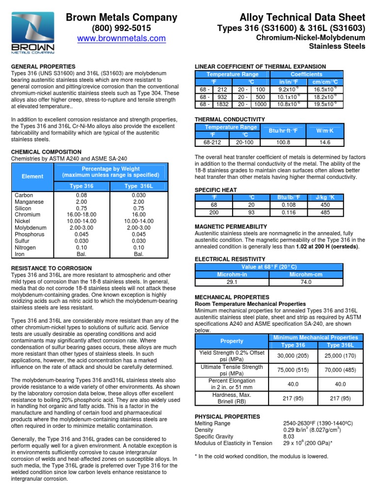 316 Tech Data | PDF | Stainless Steel | Steel