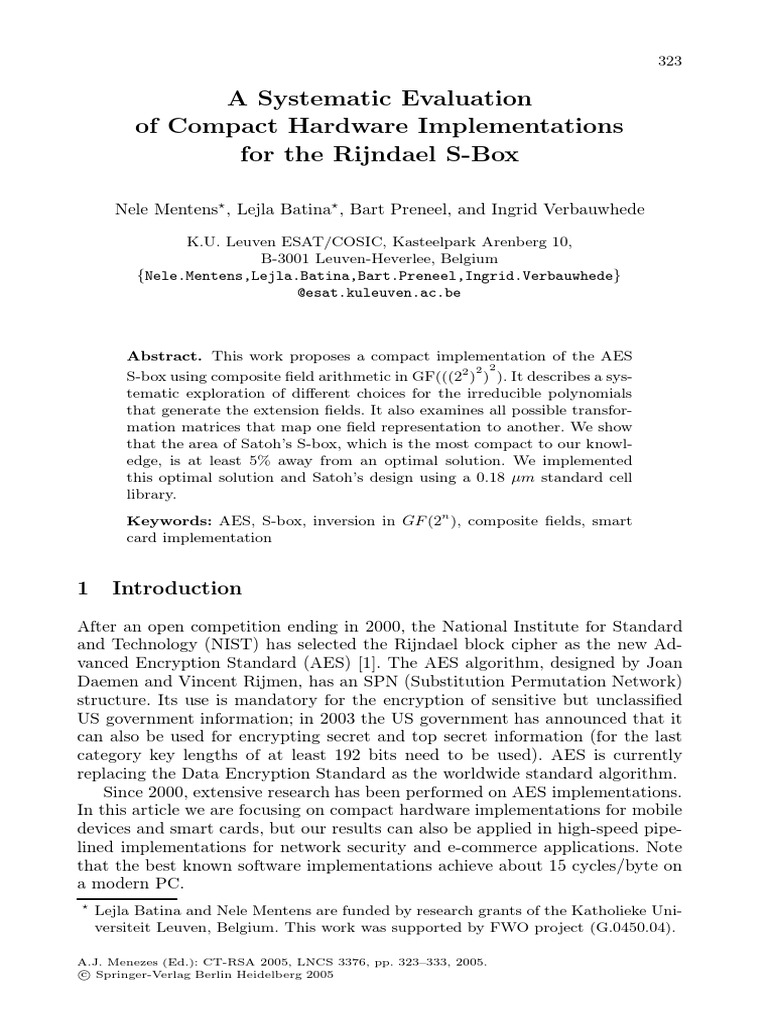 Efficient Rijndael Encryption Implementation With Composite Field