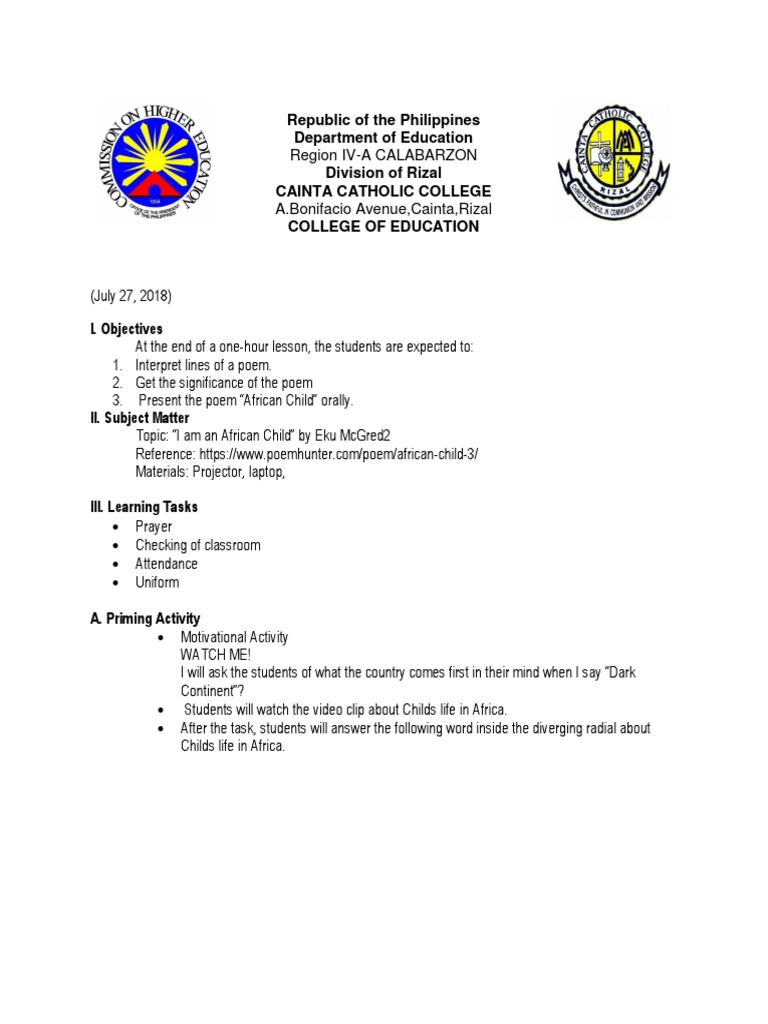 Grade 8 Lesson: "I am an African Child" | PDF | Rubric (Academic ...
