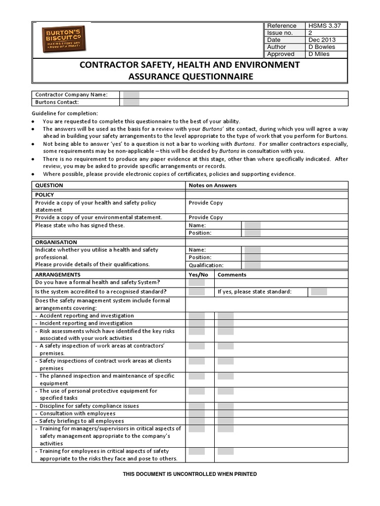Questionnaire | PDF | Safety | Occupational Safety And Health