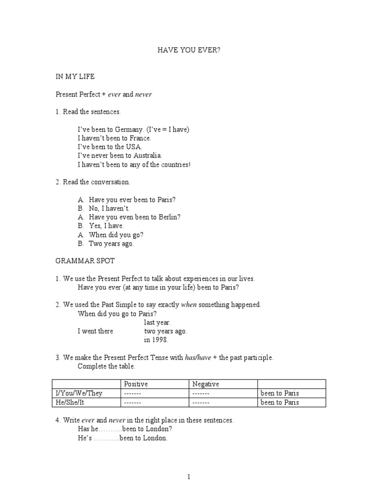 Present Perfect: Experiences and Usage | PDF | Perfect (Grammar ...