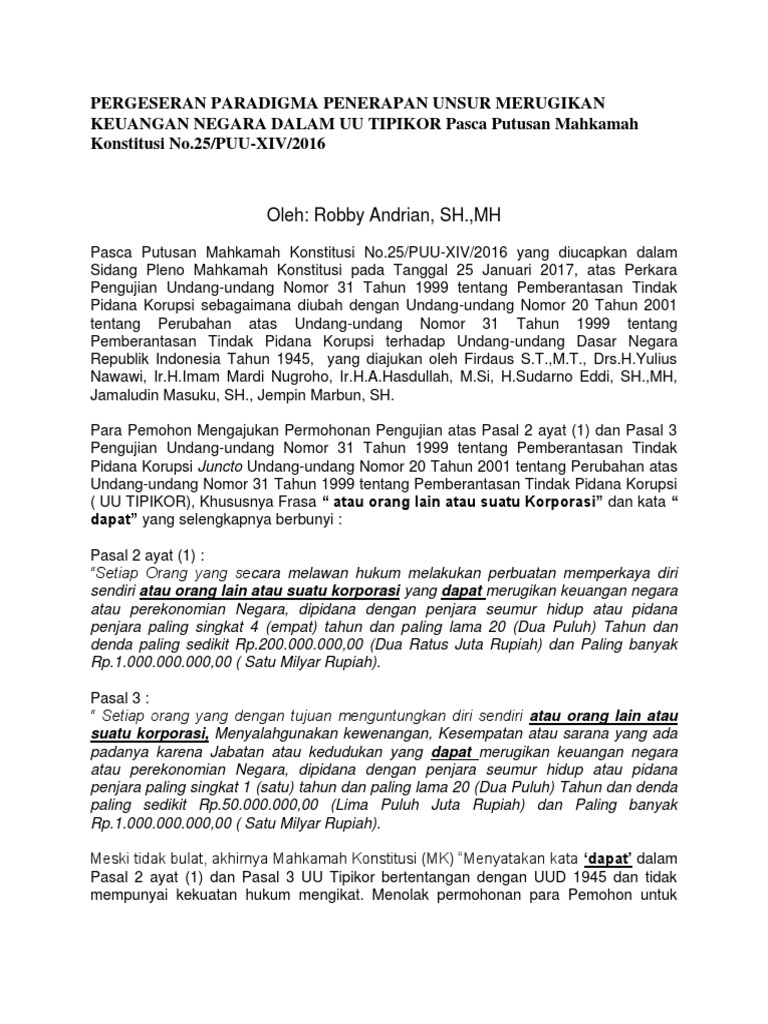 Pergeseran Paradigma Penerapan Unsur Merugikan Keuangan Negara Dalam Uu ... Pergeseran Paradigma Penerapan Unsur Merugikan Keuangan Negara Dalam Uu ...