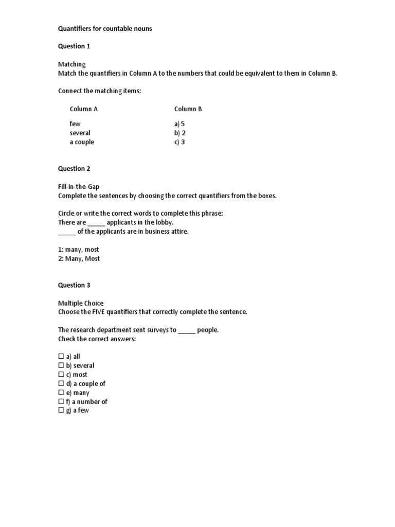 Quantifiers For Countable Nouns | PDF | Question | Multiple Choice