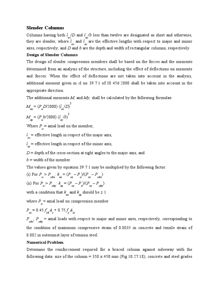 Slender Columns: /dandl /B Less Than Twelve Are Designated As Short and ...