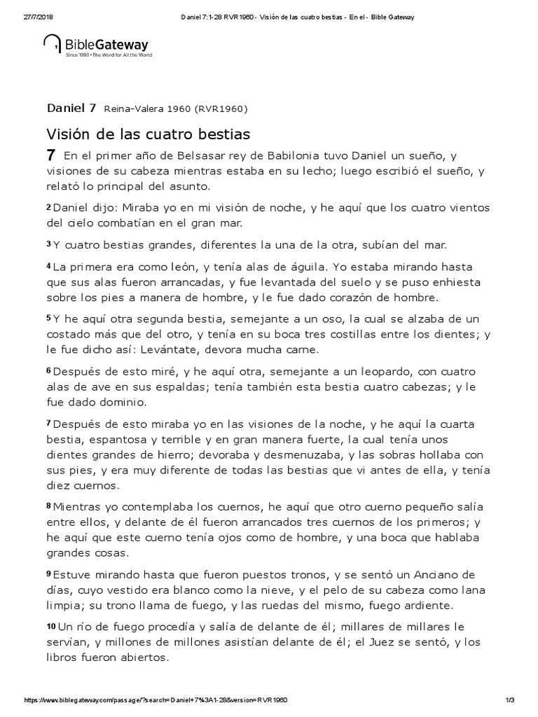 Daniel 7-1-28 RVR1960 - Visión de Las Cuatro Bestias - en El - Bible ...