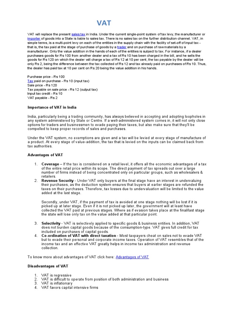 Importance of VAT in India: Sales Tax Importer Trader | PDF | Value ...