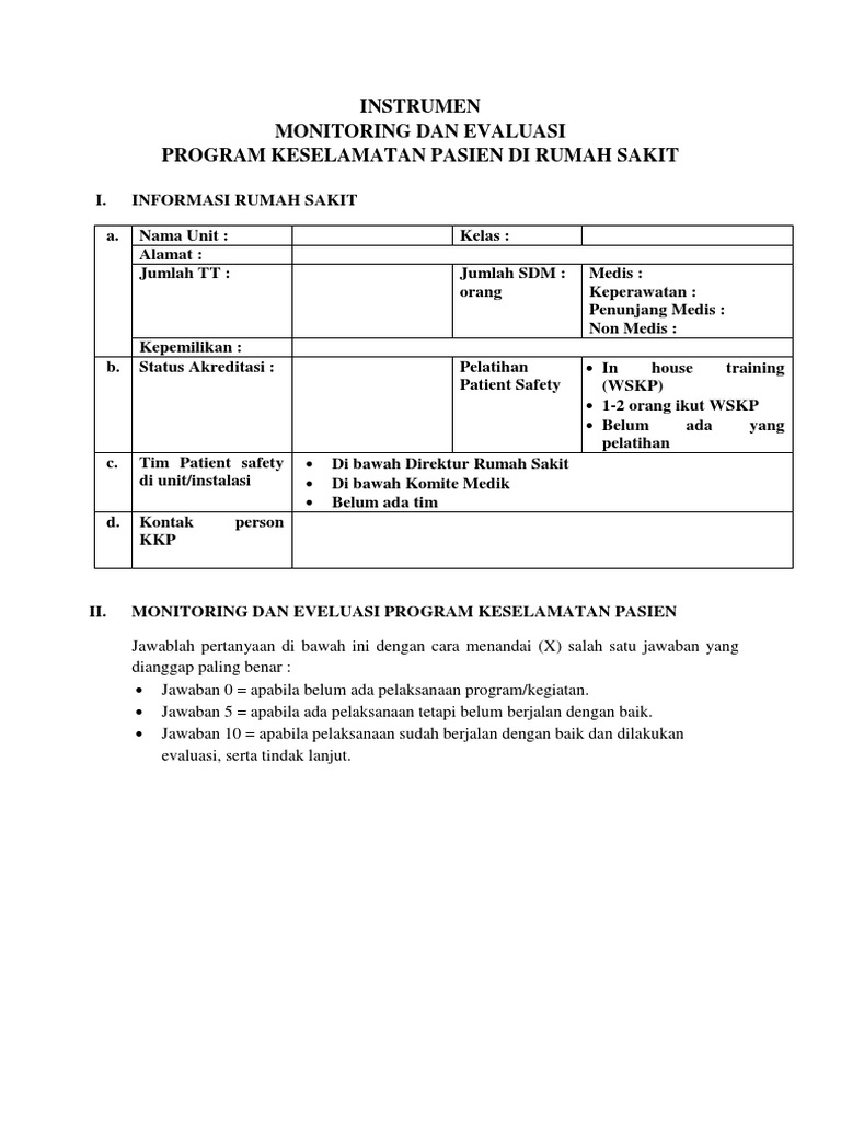 Instrumen Monev Program Keselamatan Pasien Di Rumah Sakit | PDF