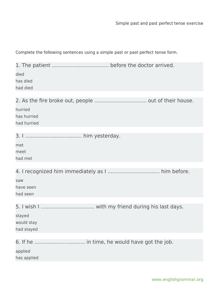 Simple Past and Past Perfect Tense Exercise | PDF