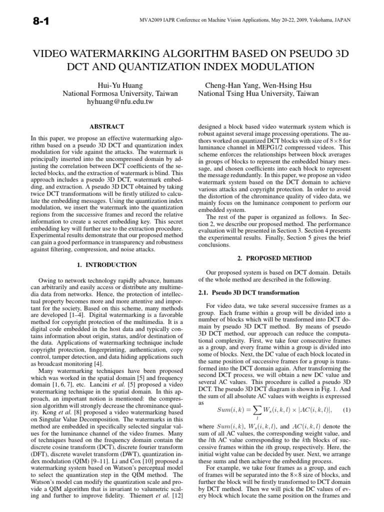 Video Watermarking Algorithm Based On Pseudo 3D DCT and Quantization Index Modulation | PDF ...