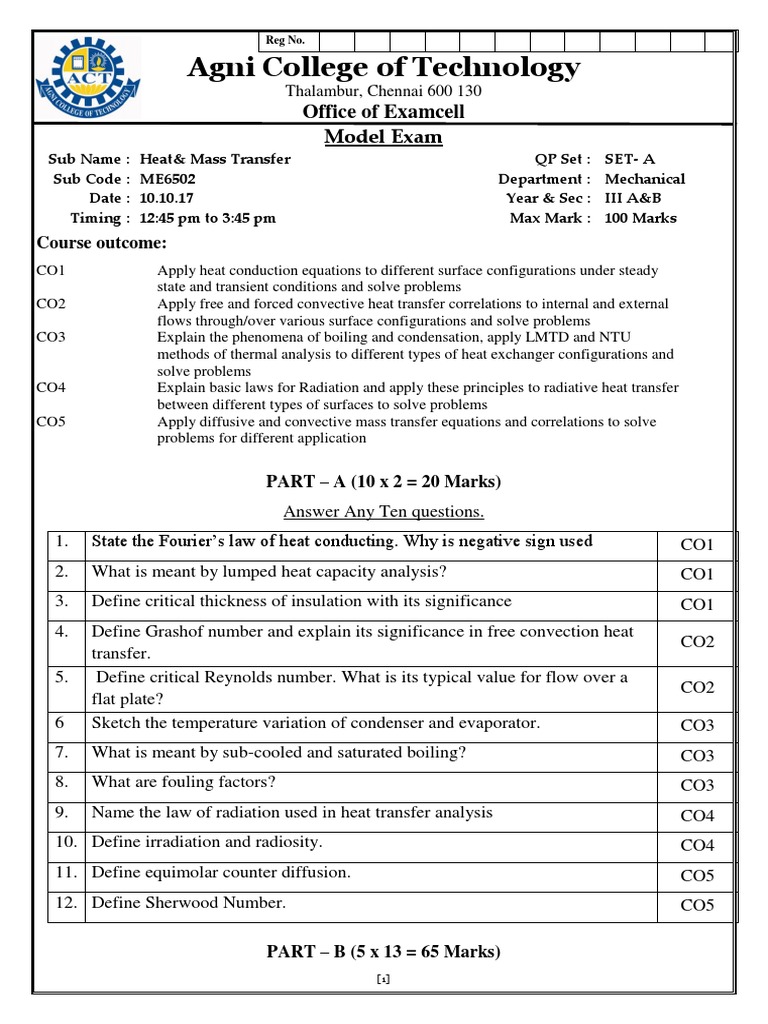 Question Paper HMT - CO Mapping - Sample | PDF | Heat Transfer | Heat