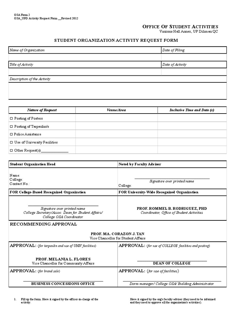 Osa Form 2 Activity Request Form 2012 | PDF | Universities And Colleges ...