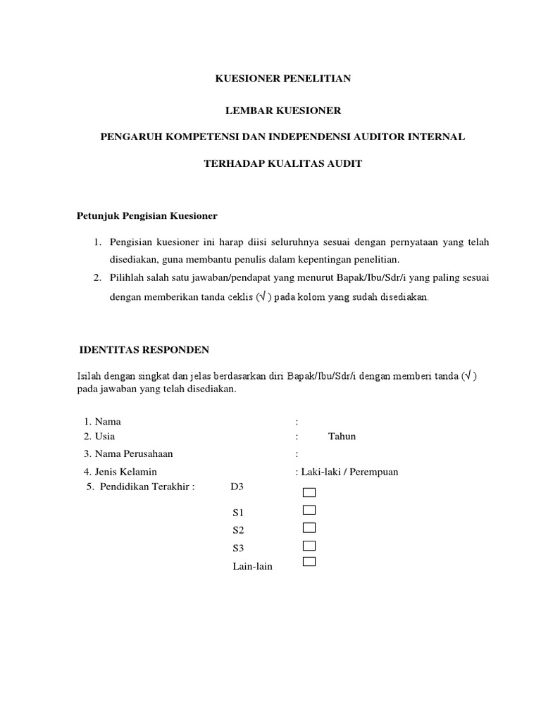 LEMBAR KUESIONER. Audit | PDF | Bisnis