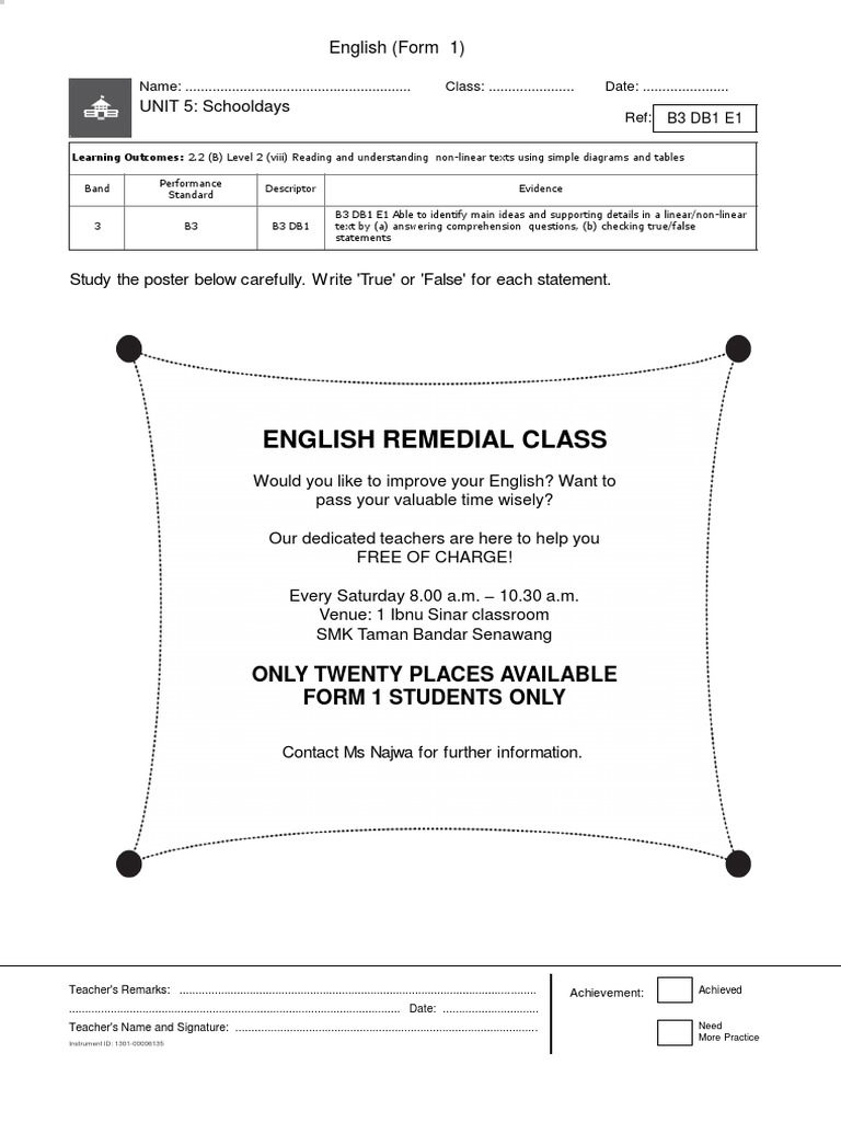 English Remedial Class: Only Twenty Places Available Form 1 Students ...