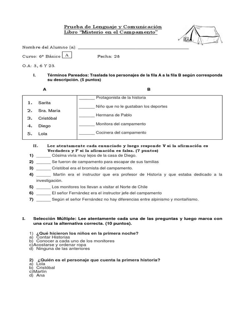 Prueba del libro "Misterio en el Campamento" | PDF