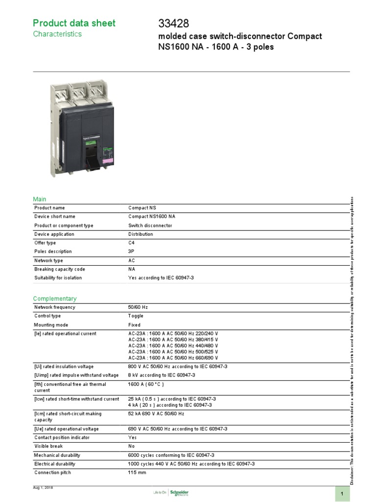 Product Data Sheet: Molded Case Switch-Disconnector Compact NS1600 NA ...