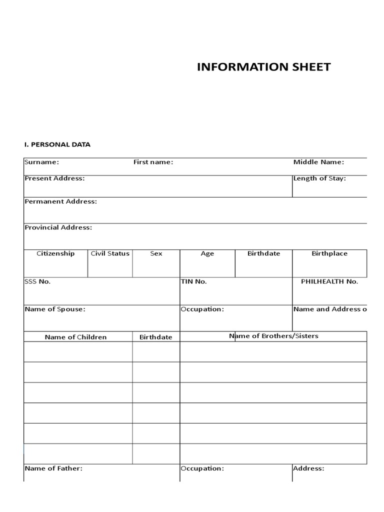 Information Sheet: I. Personal Data | PDF