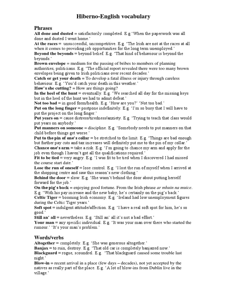 Hiberno-English Vocabulary Handout | PDF | Linguistics