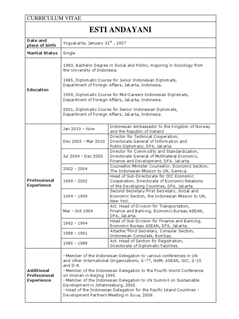 Curriculum Vitae of Ambassador Esti Andayani | Download Free PDF ...