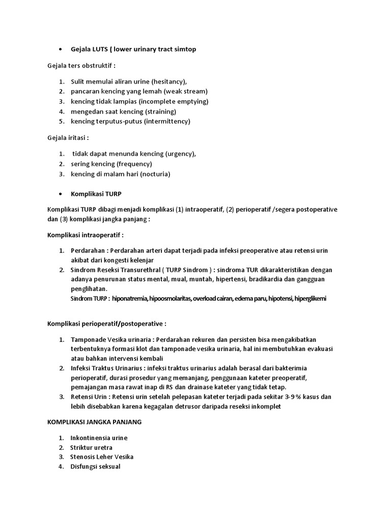 Gejala LUTS (Lower Urinary Tract Simtop: Komplikasi TURP | PDF