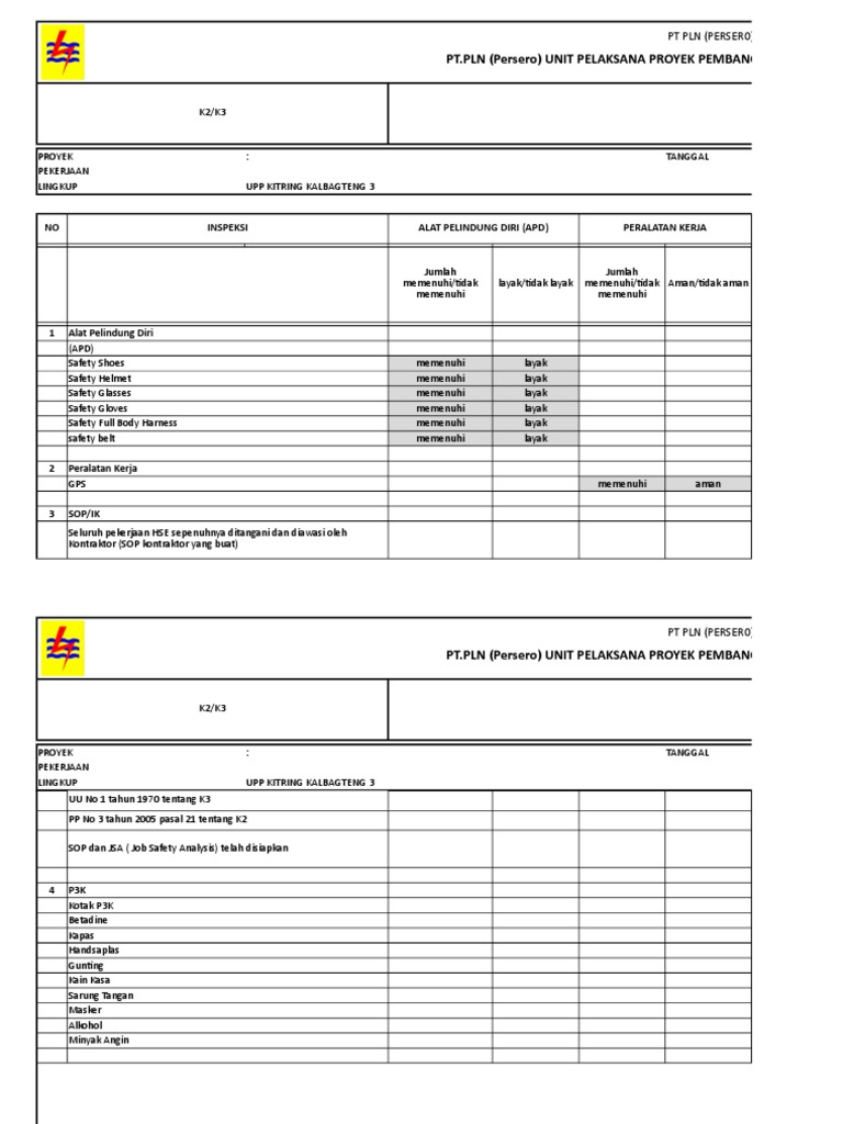 Form Inspeksi APD PT PLN Kalbag Teng 3 | PDF
