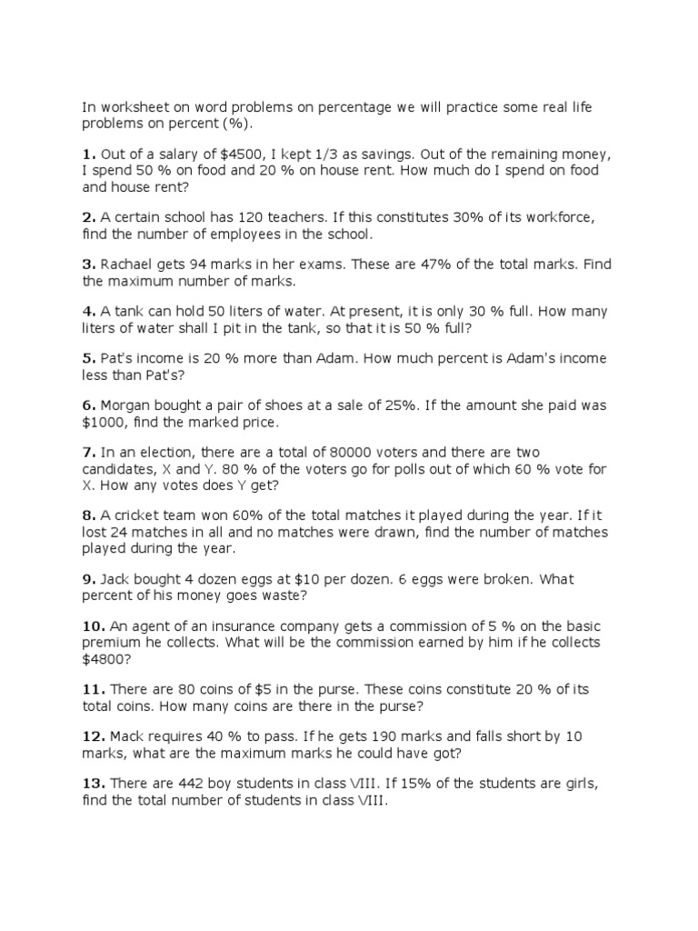 In Worksheet On Word Problems On Percentage We Will Practice Some Real ...