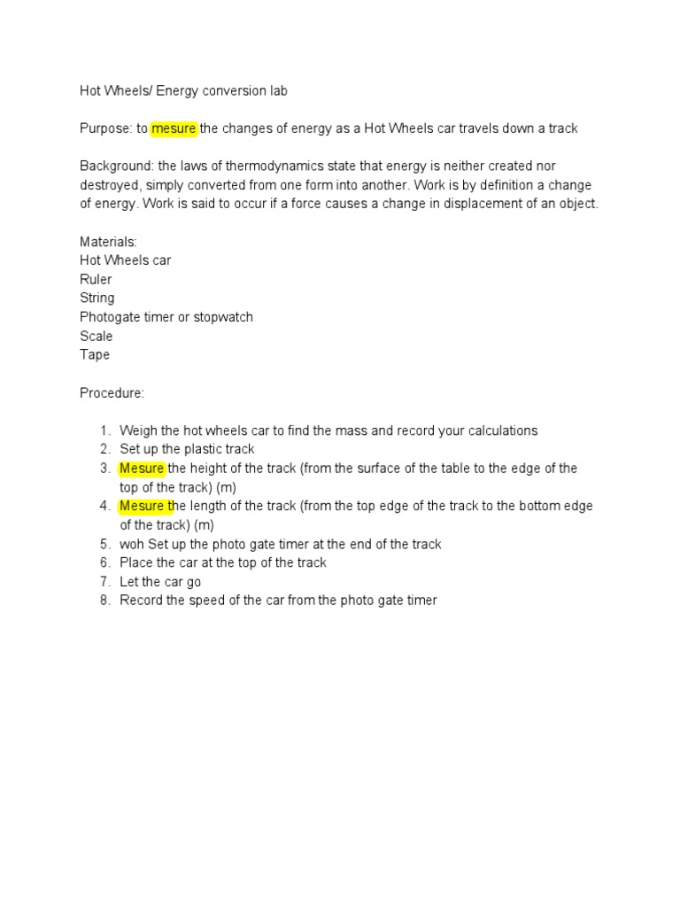 Hot Wheels Energy Conversion Lab | PDF | Kinetic Energy | Friction