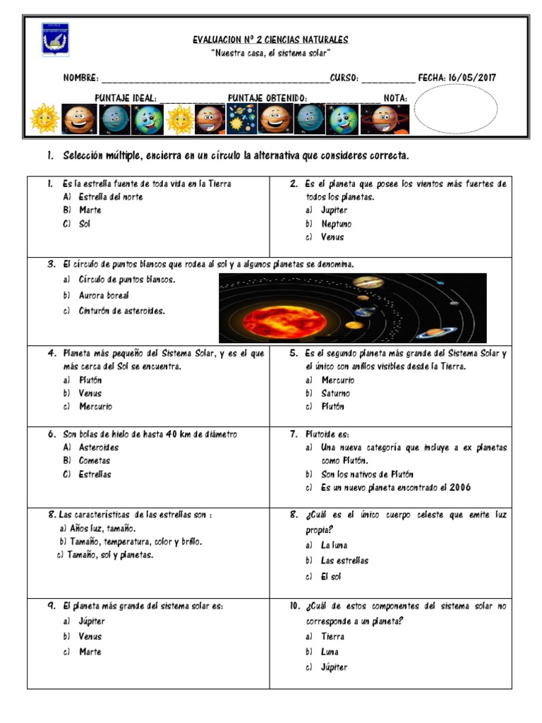 Cuestionario Sobre El Sistema Solar Y Los Planetas Para Niños