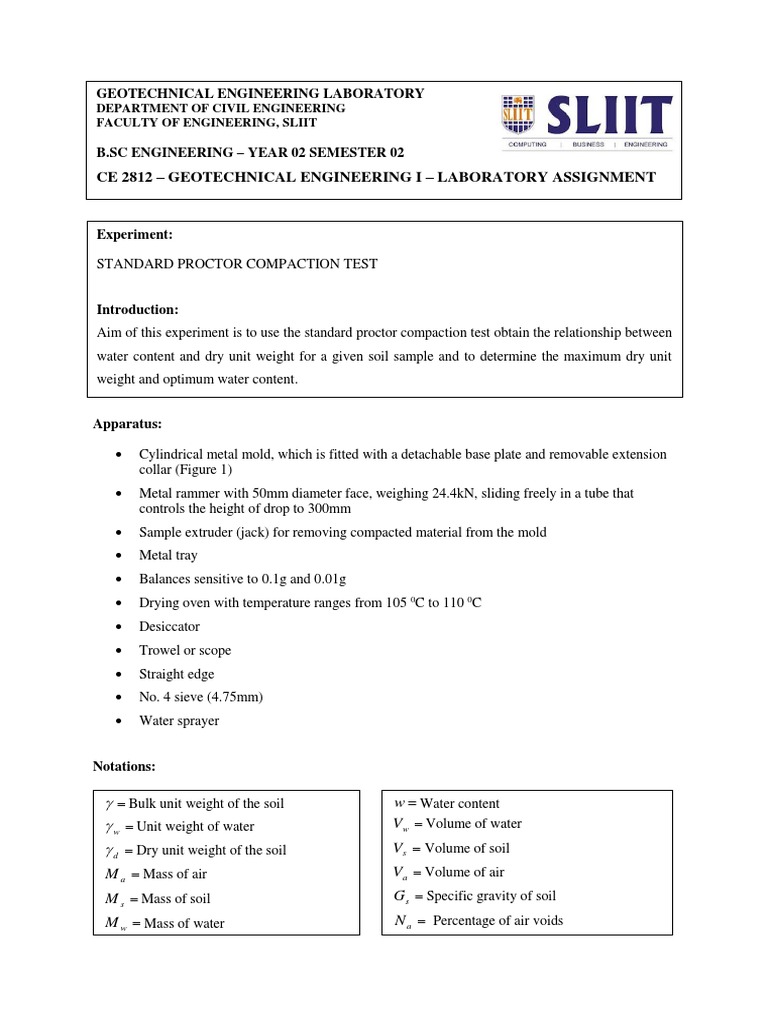 CE2812 - Geo I - Standard Proctor Compaction Test | PDF | Soil ...