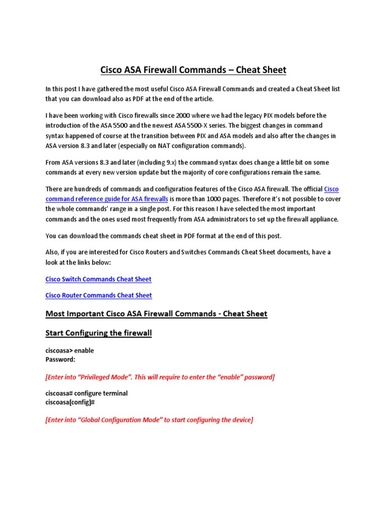 Cisco ASA Firewall Commands Cheat Sheet | PDF | Ip Address | Computer Network