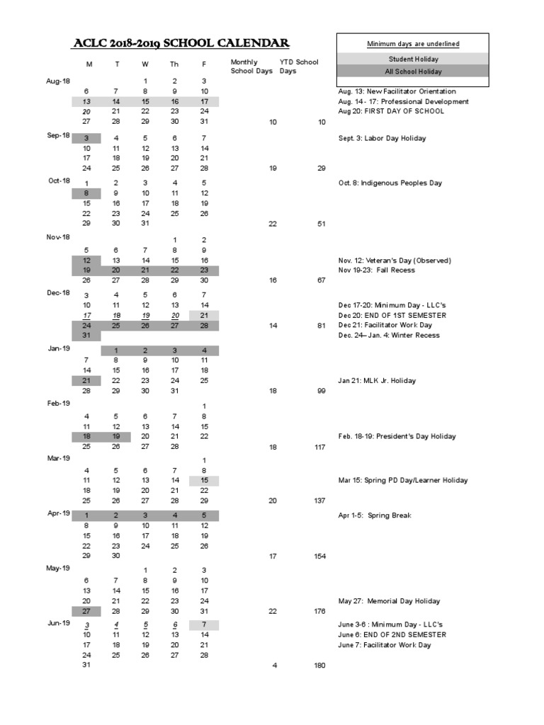 2018-2019 ACLC School Calendar | PDF | Sports