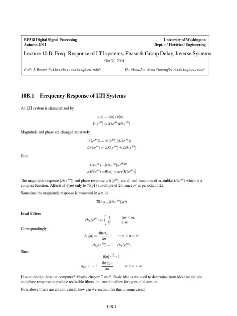 Lecture 10 B: Freq. Response of LTI Systems, Phase & Group Delay, Inverse Systems | PDF ...