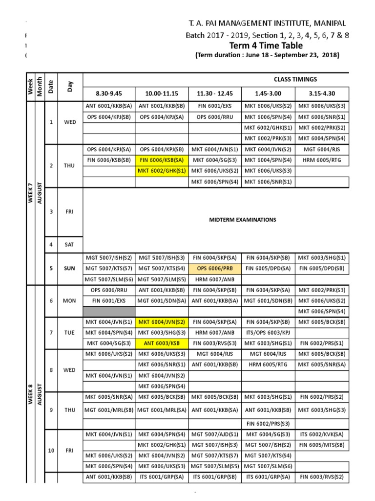 Term 4 Time Table: T. A. Pai Management Institute, Manipal Batch 2017 ...