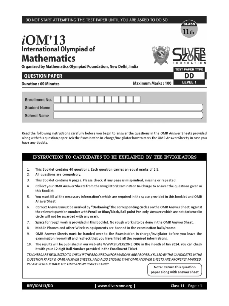 IOM Sample Paper PDF | PDF | Fraction (Mathematics) | Geometry