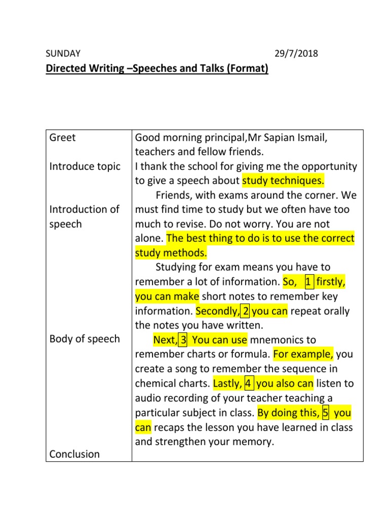 Directed Writing - Speeches and Talks (Format) : Sunday 29/7/2018 | PDF ...