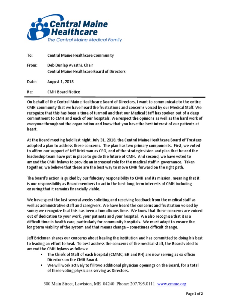 CMH Board Statement | Board Of Directors | Hospital