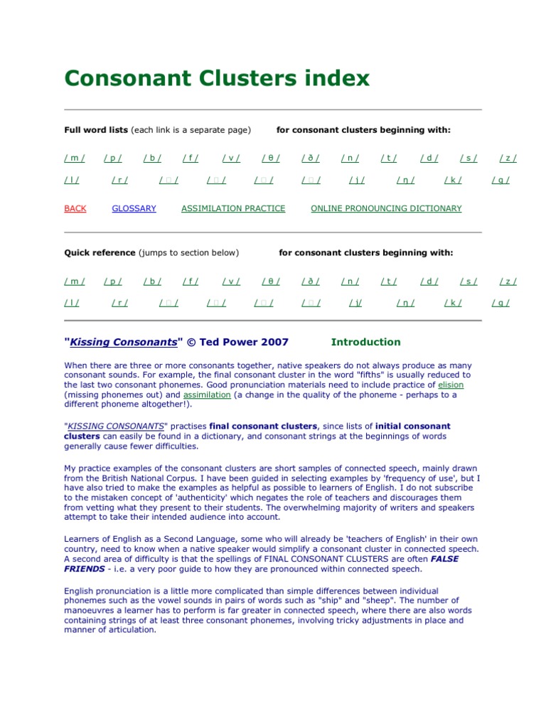 Consonant Clusters Index | PDF | Languages | Language Arts & Discipline