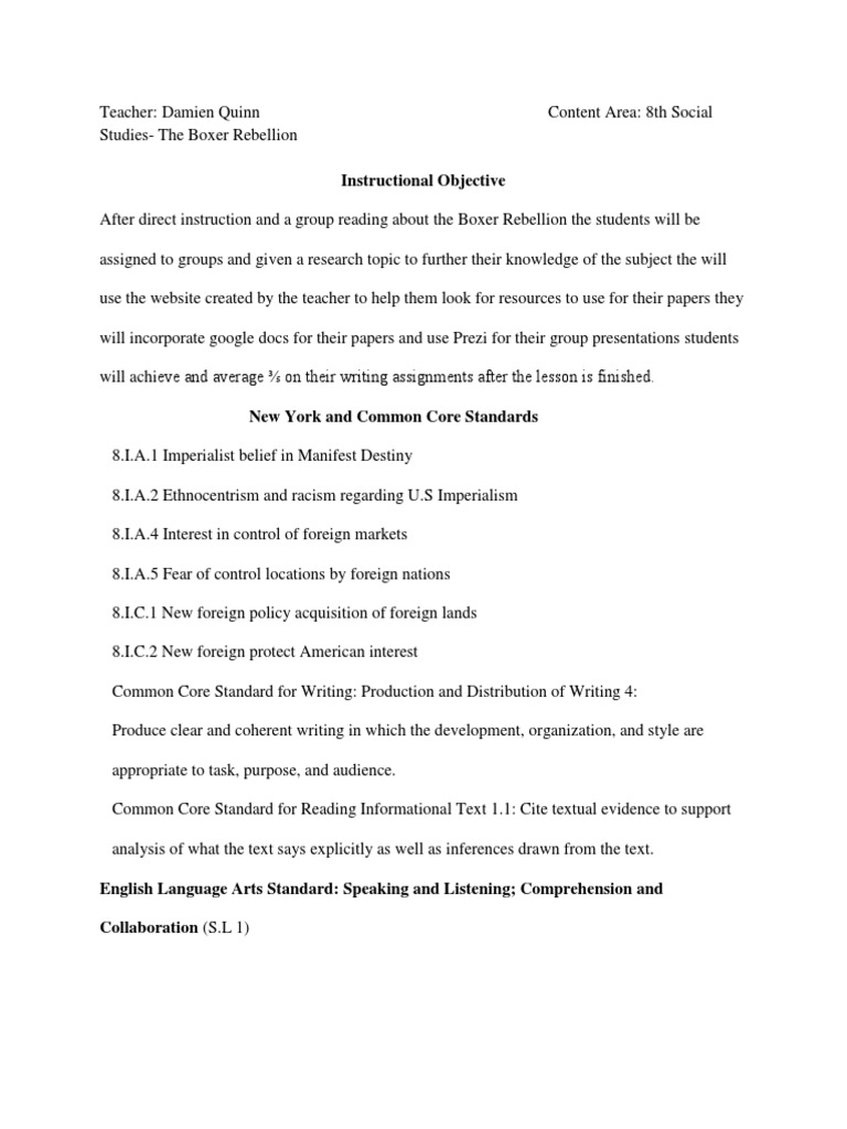 Boxer Rebellion Lesson Plan for 8th Grade | PDF | Teachers | Reading ...