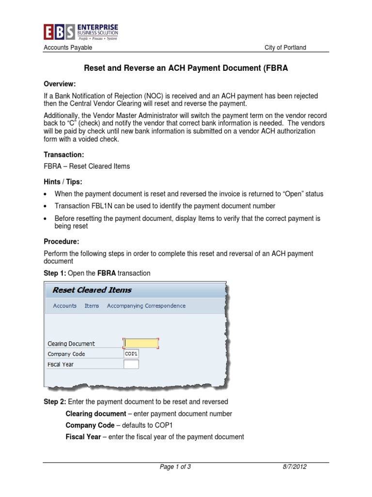 FBRA Reset and Reverse An ACH Payment Document | PDF | Cheque ...