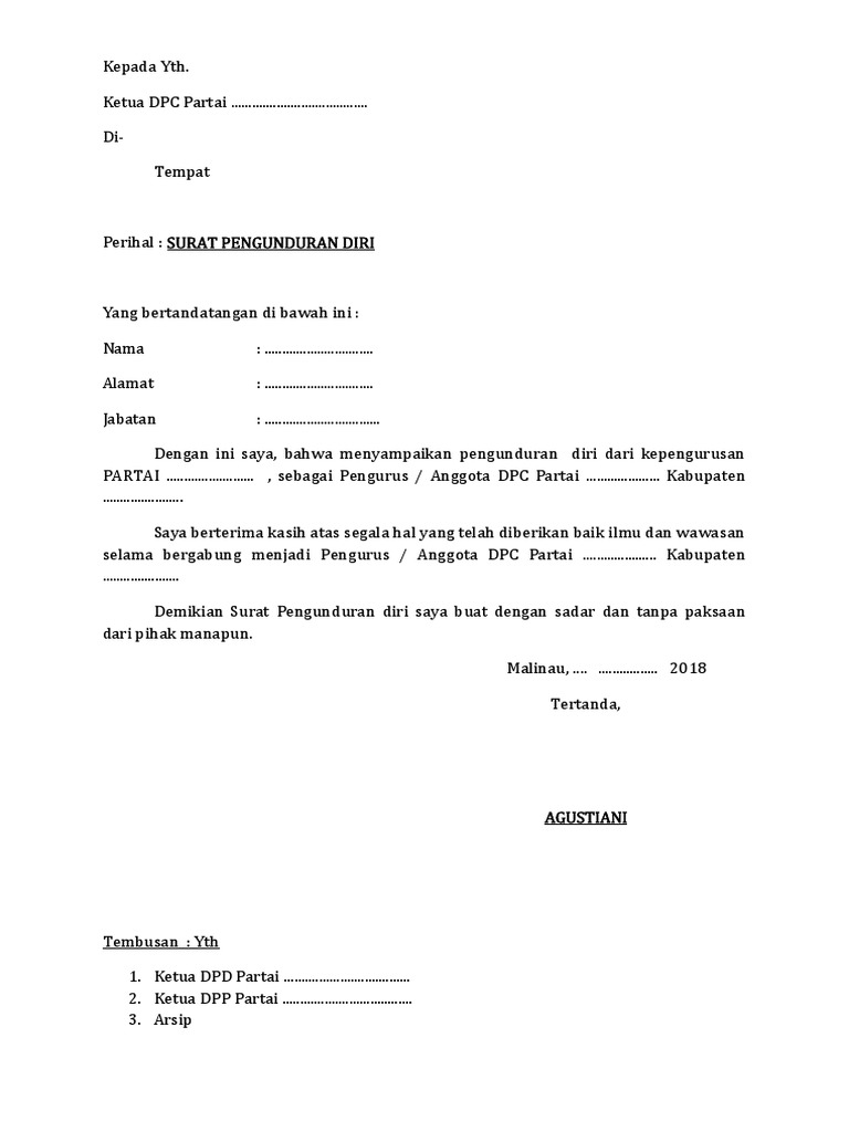 Contoh Surat Pengunduran Diri Partai | PDF