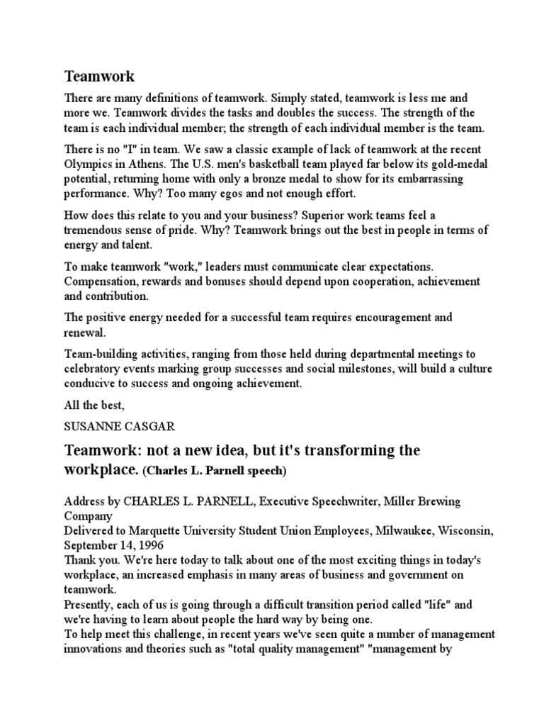 Teamwork: (Charles L. Parnell Speech) | PDF | Cross Cultural ...