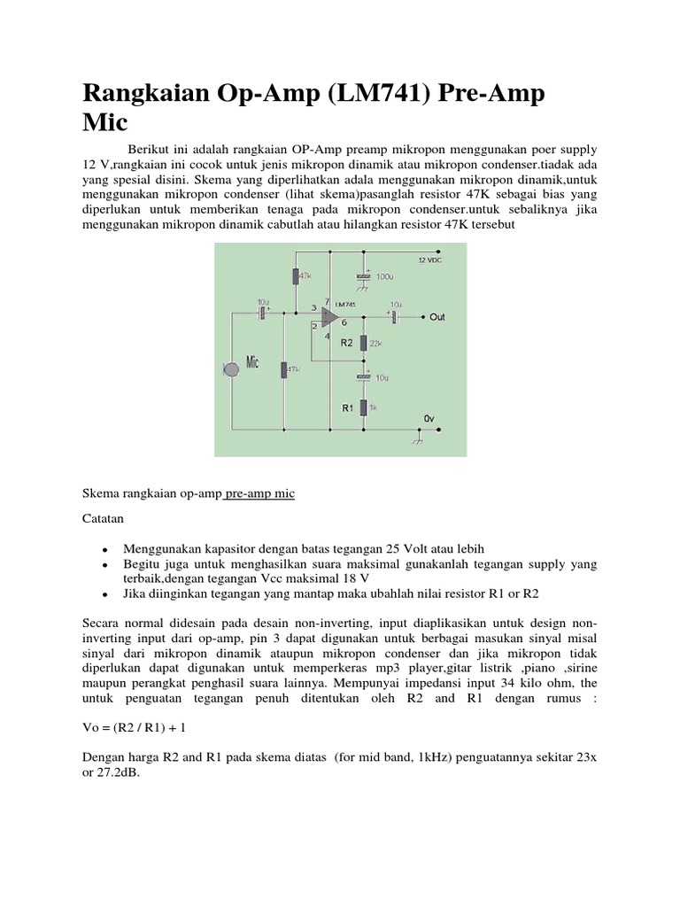 Skema rangkaian op-amp pre-amp mic | PDF